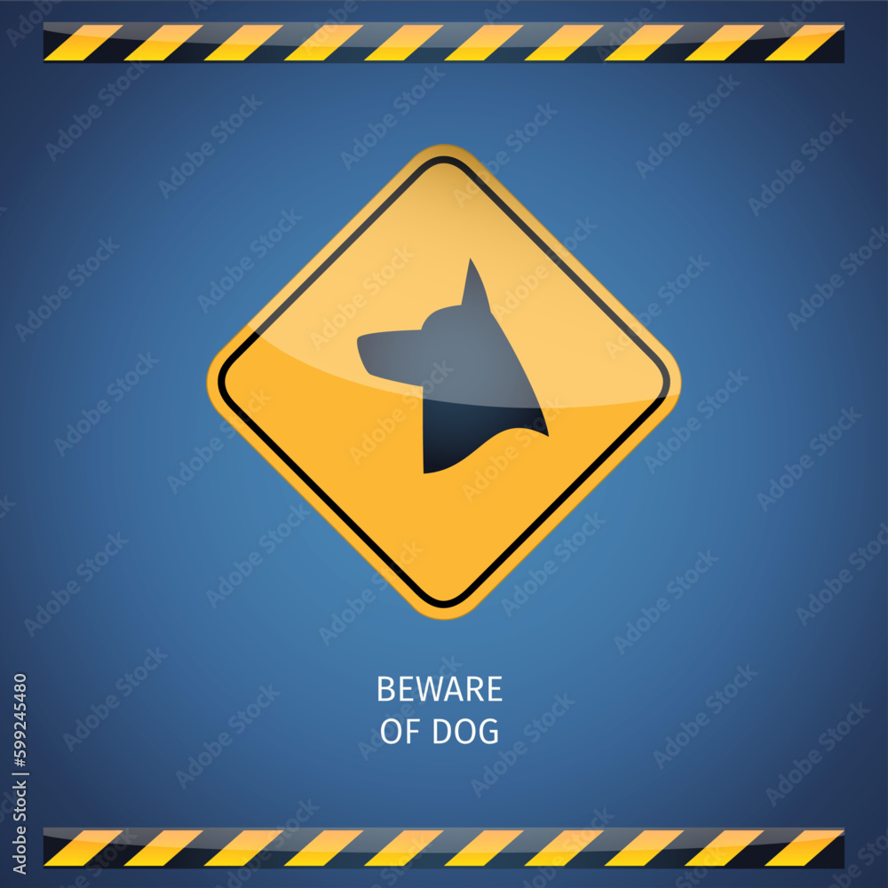 Sign Caution, dog. Dangerous guard dog. Yellow triangular sign with a ...