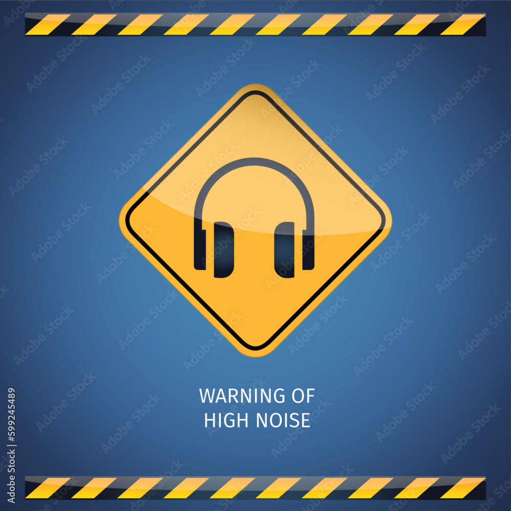 Hearing protection sign. High noise level warning sign. Yellow triangle ...