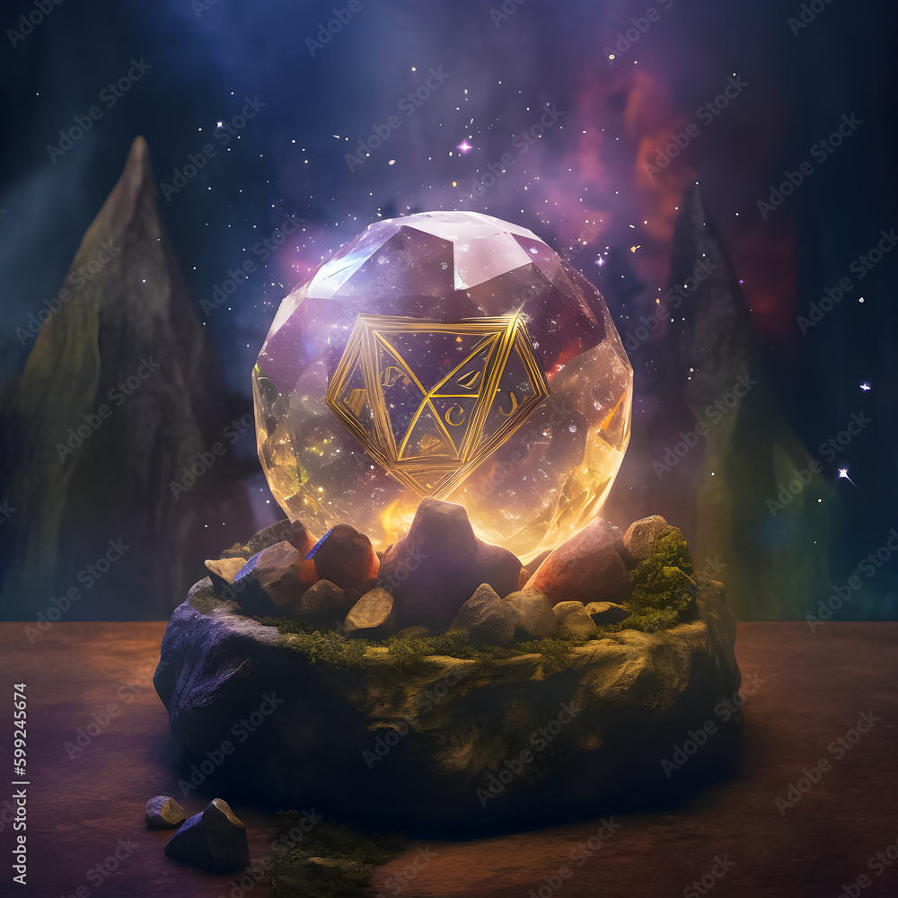 Magic sorcerer's stone with engraved symbols on it on dark background ...