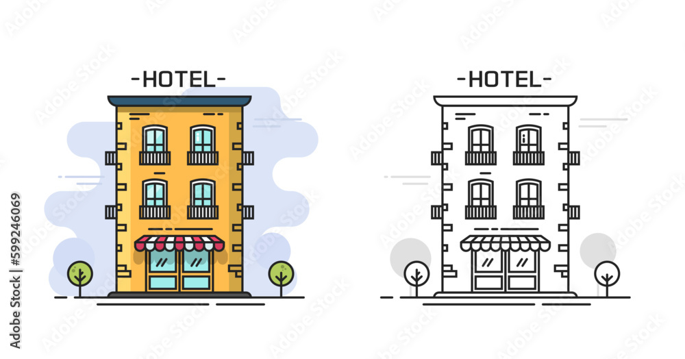 Hotel line outline art vector building cartoon graphic illustration ...