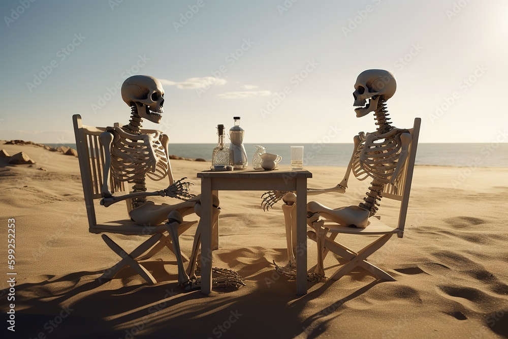 on the beach, there is a table with two skeletons seated at it ...