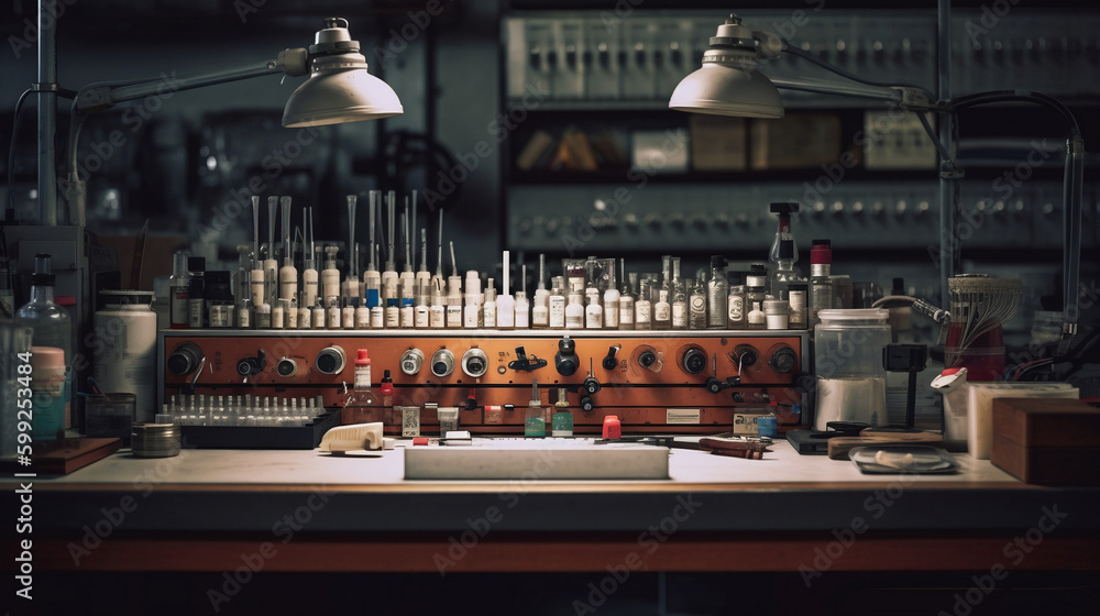 Science Lab Essentials: Laboratory Bench Equipped with Various Tools ...