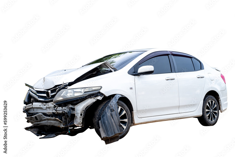 Front and side of white car get damaged by accident on the road ...