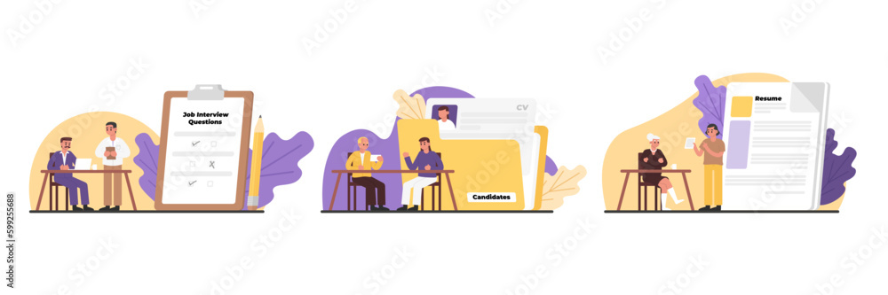Survey of job candidates. Set of pictures about conducting interview ...
