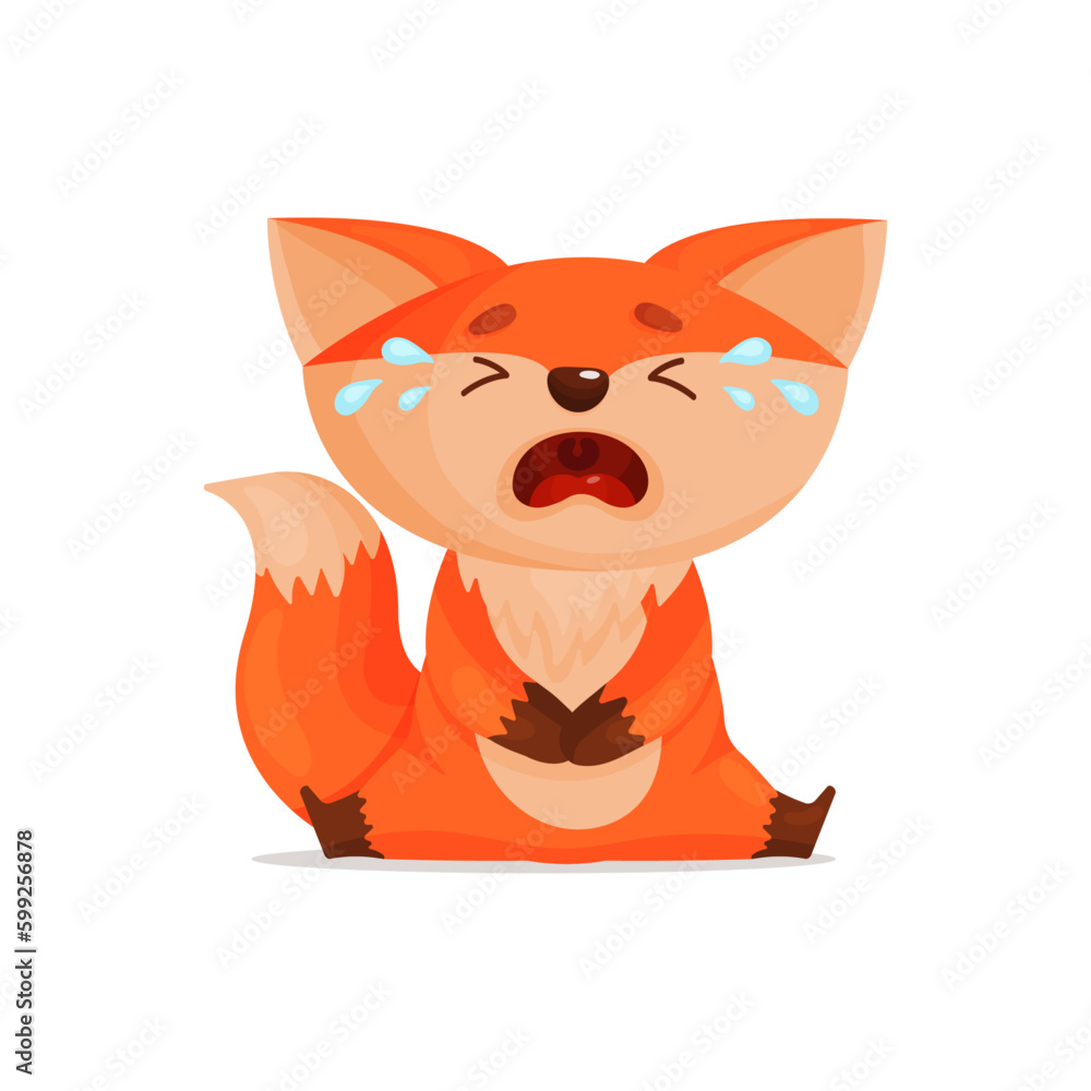 The poor cute baby fox is crying a lot. Tears, sadness. Vector illustration for designs, prints ...