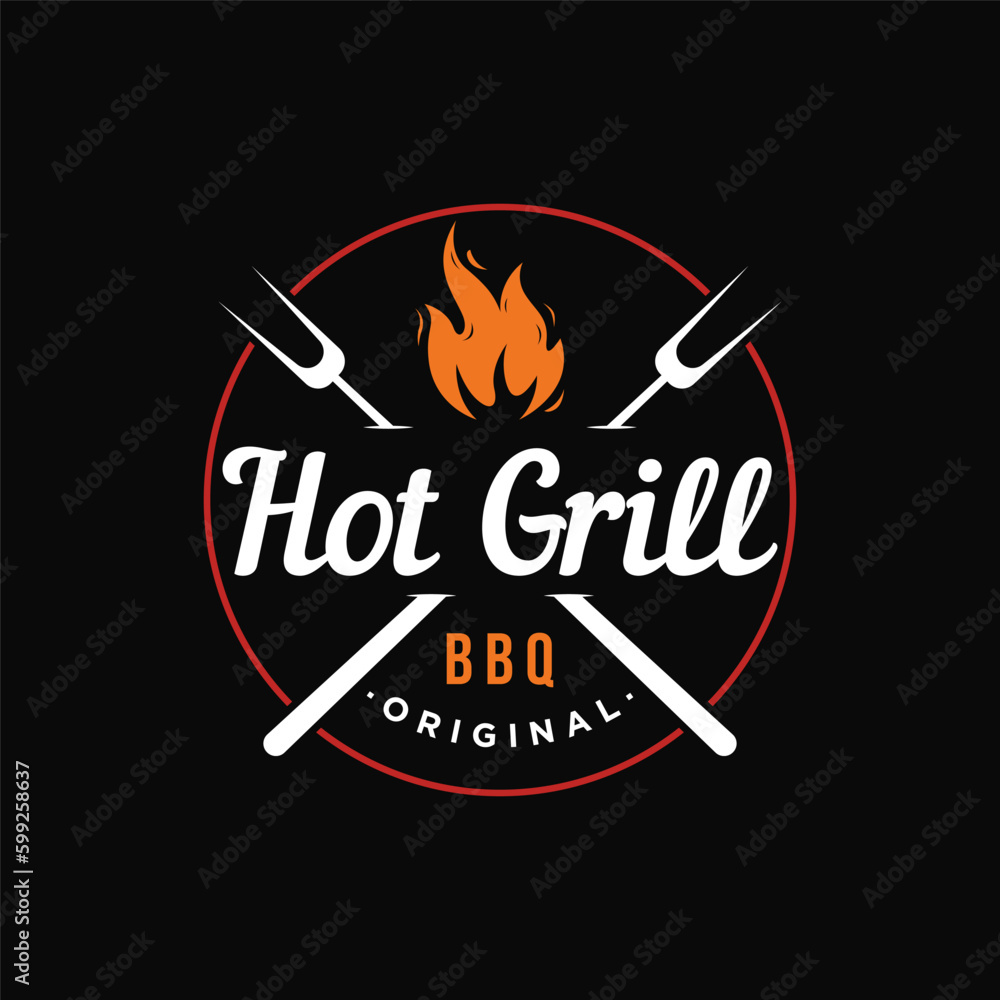 BBQ hot grill vintage typography Logo design with crossed flames and ...