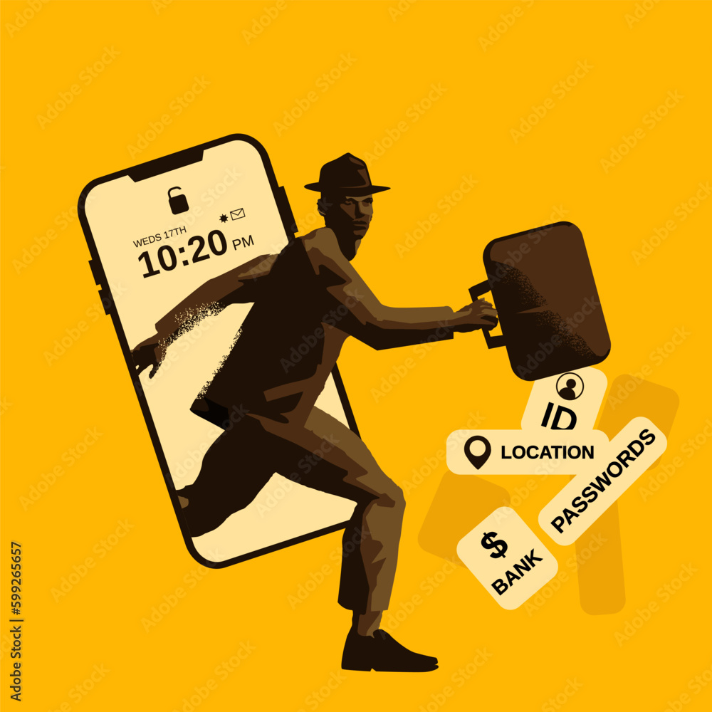 Digital online identity theft and social engineering. A thief stealing ...