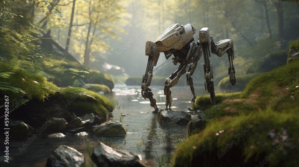 Robot walking through water in the forest. AI in the brook. Nature with ...