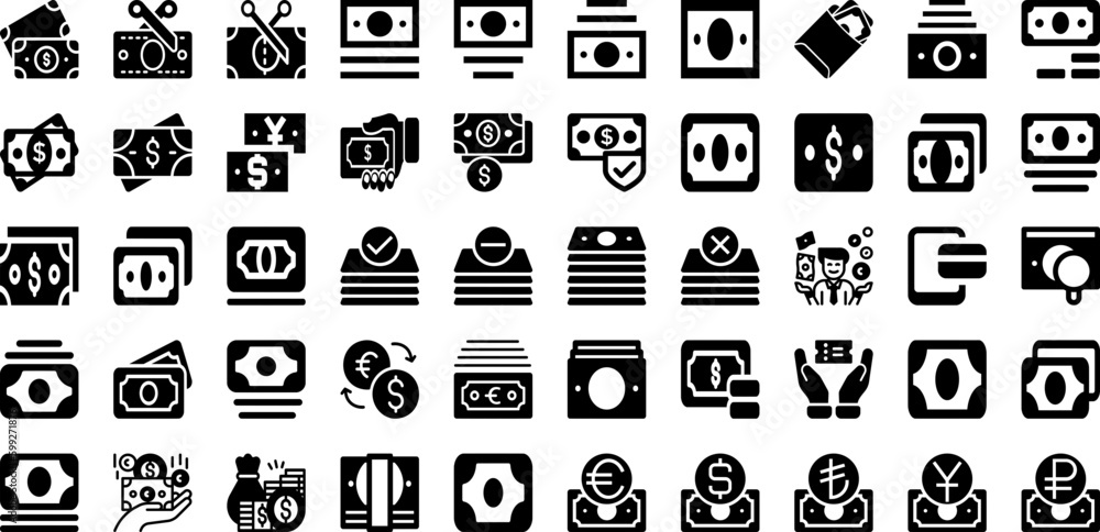 Banknote Icon Set Isolated Silhouette Solid Icons With Symbol, Banking ...