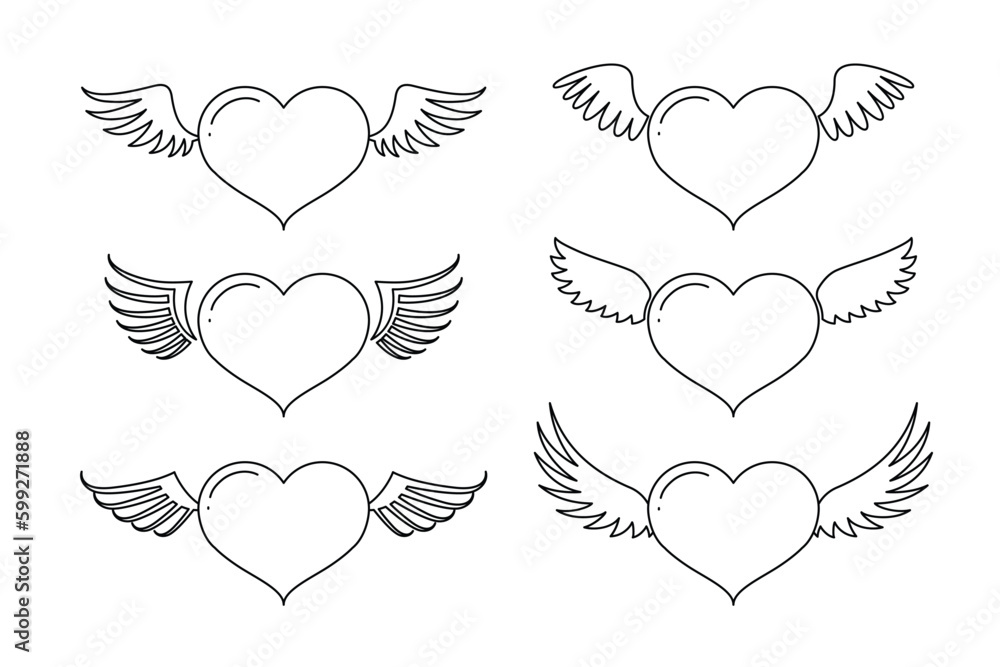 Flying heart with wings line icon set isolated on white background ...