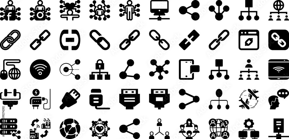 Connect Icon Set Isolated Silhouette Solid Icons With Icon, Network ...