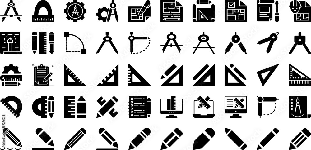 Drafting Icon Set Isolated Silhouette Solid Icons With Symbol, Vector ...