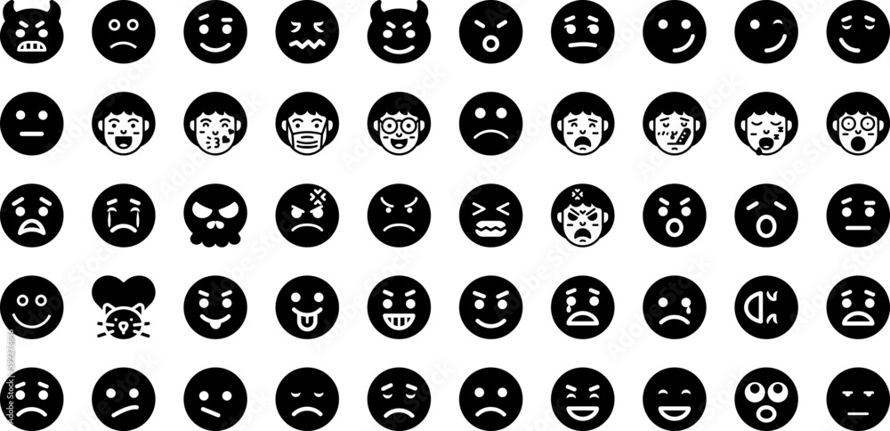 Emoticons Icon Set Isolated Silhouette Solid Icons With Vector, Emotion ...