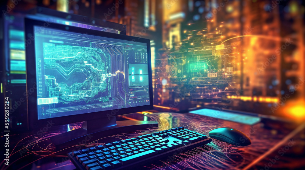 Computer with code on screen and hi-tech background, monitor, mouse and ...