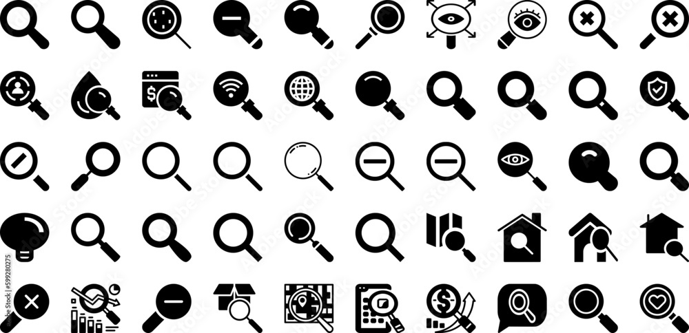 Magnifying Icon Set Isolated Silhouette Solid Icons With Symbol ...