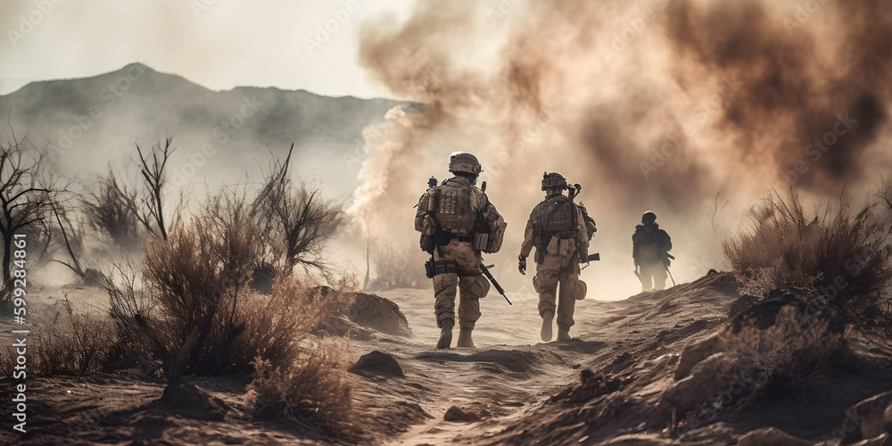 military special forces soldiers crosses destroyed warzone through fire ...