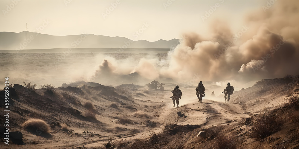 military special forces soldiers crosses destroyed warzone through fire ...