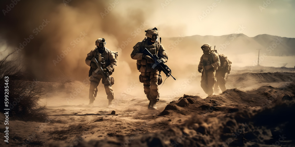 military special forces soldiers crosses destroyed warzone through fire ...