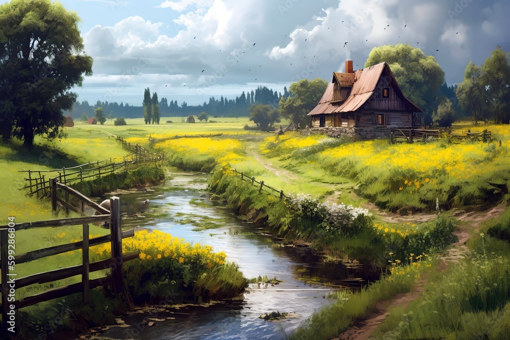 Watercolor painting of a small farm and a stream with light green grass ...