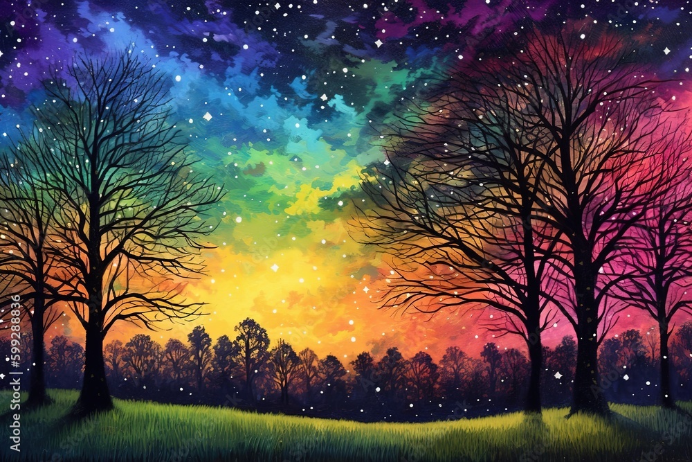 Night Landscape Painting of dark and colorful sky background. Aurora ...