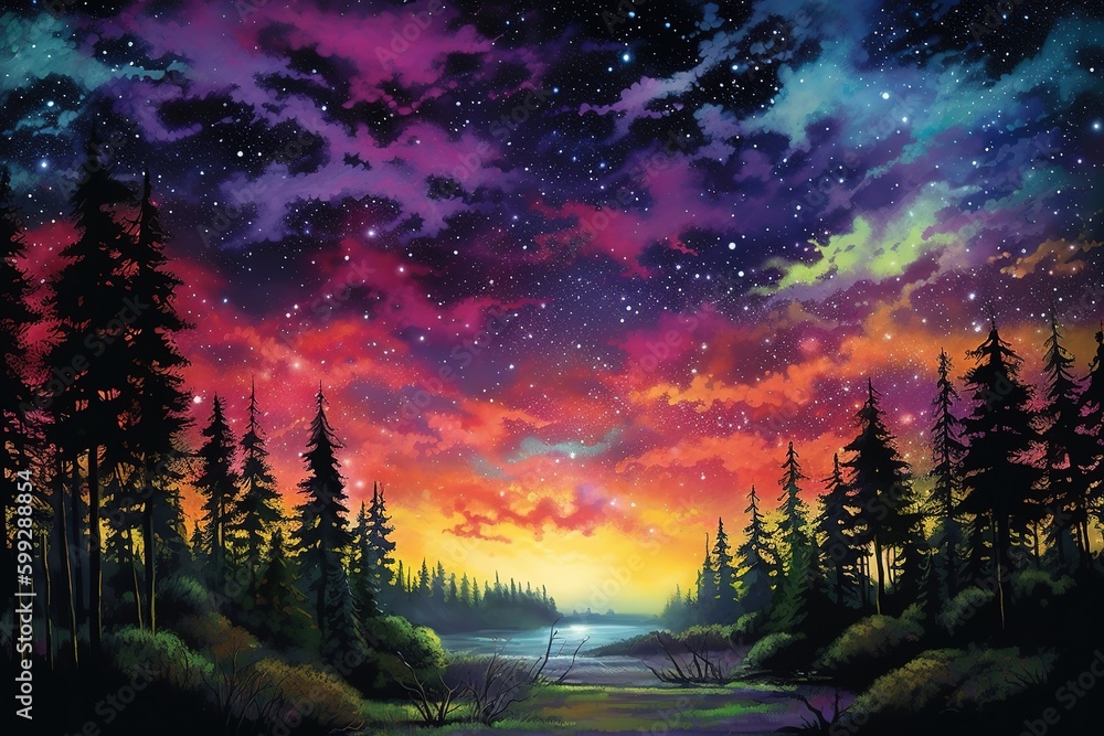 Night Landscape Painting of dark and colorful sky background. Aurora ...