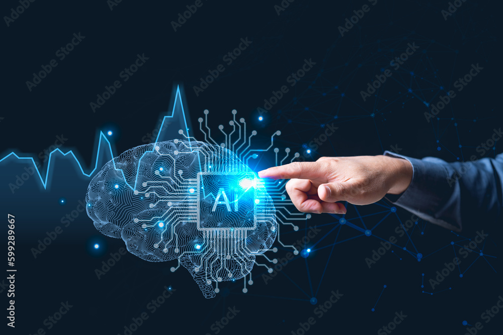 Hands of robots and humans touching on big data network connection ...