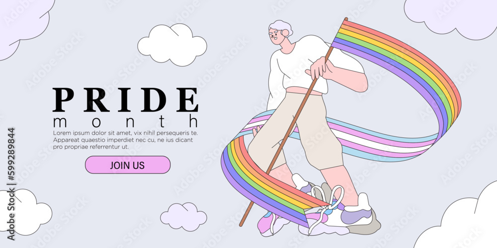 Cheerful smiling character holding rainbow lgbtq and transgender flag ...