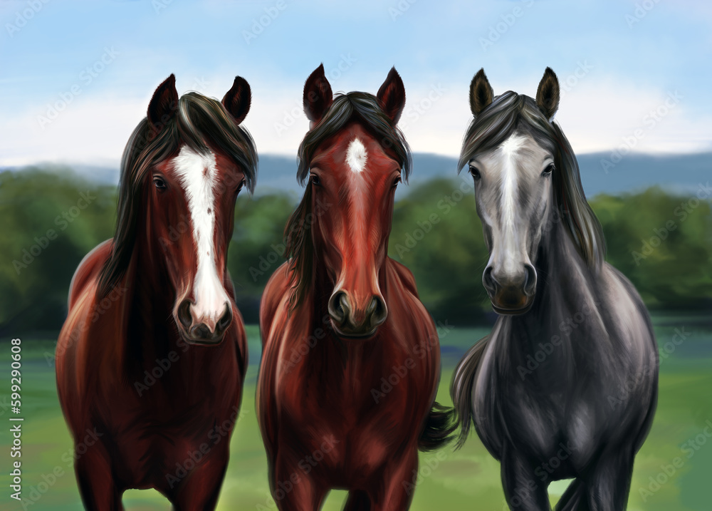 This is a digital drawing of three horses in a realistic style. The ...
