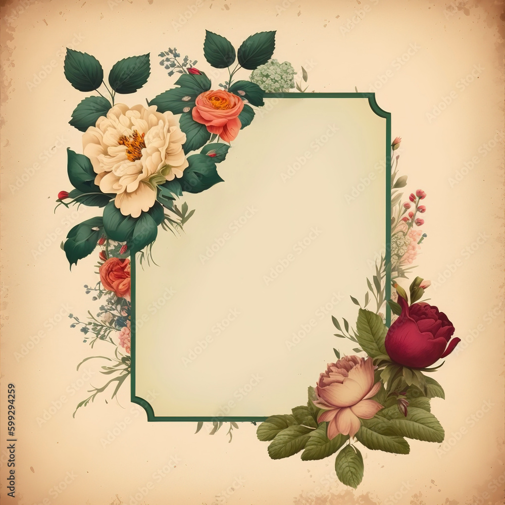 Watercolor Vintage Floral with Border in old paper background. Vintage ...