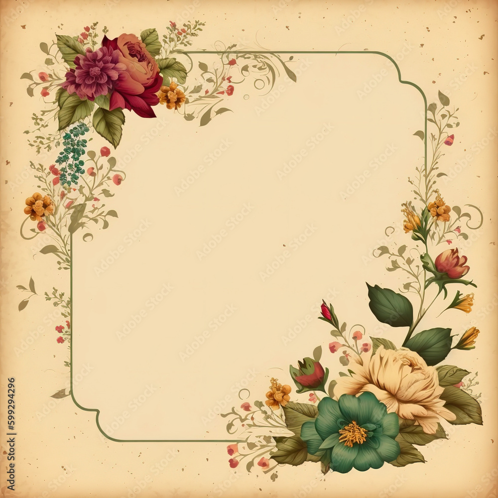 Watercolor Vintage Floral with Border in old paper background. Vintage ...