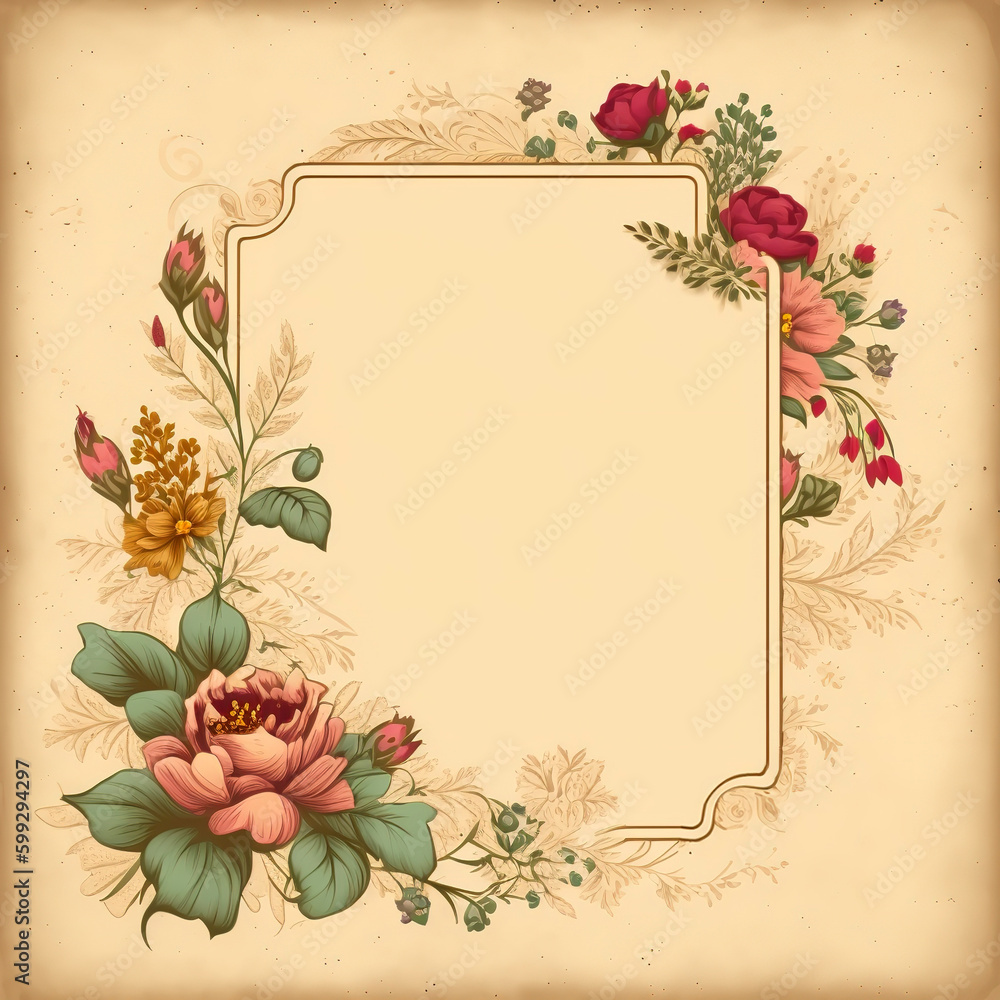 Watercolor Vintage Floral with Border in old paper background. Vintage ...
