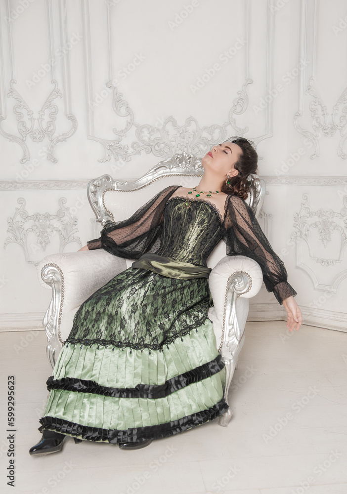 Beautiful young woman wearing medieval vintage Victorian Style dress ...