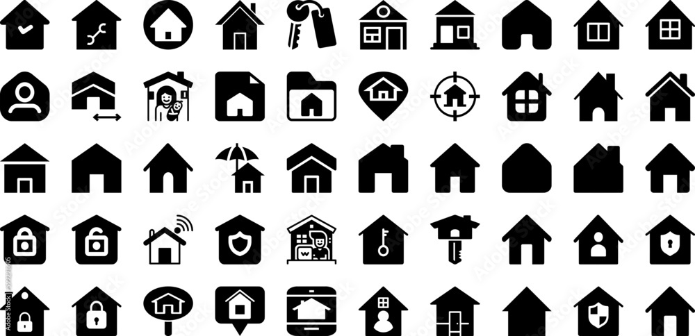 Home Icon Set Isolated Silhouette Solid Icons With Sign, House ...
