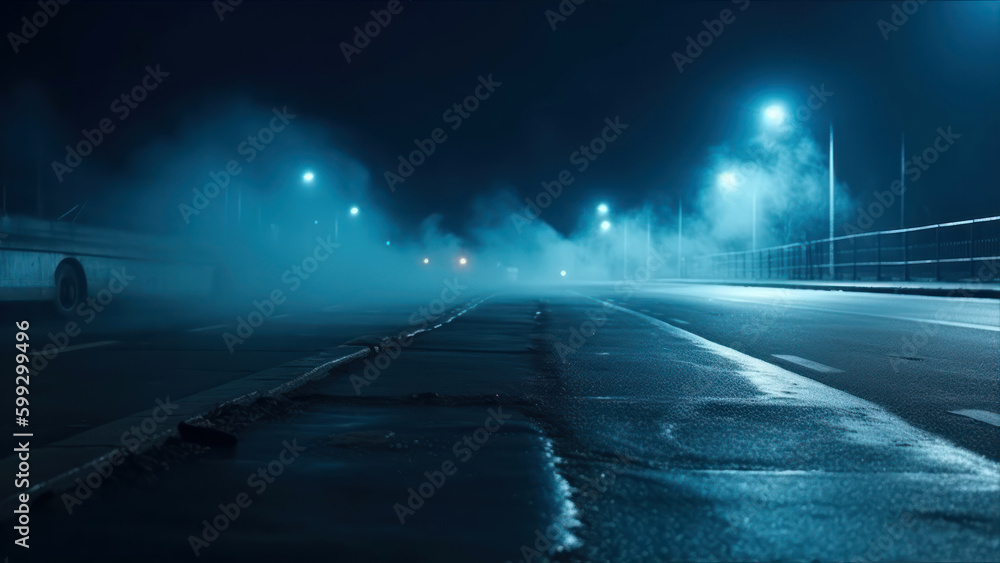 Old asphalt with a mysterious smoke background and blue neon lighting ...