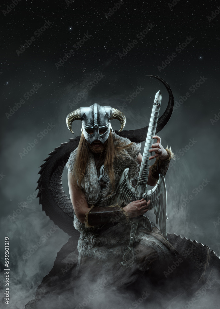 Art of ancient viking barbarian playing guitar against night sky fog ...