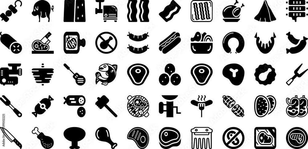 Meat Icon Set Isolated Silhouette Solid Icons With Food, Steak, Meat ...
