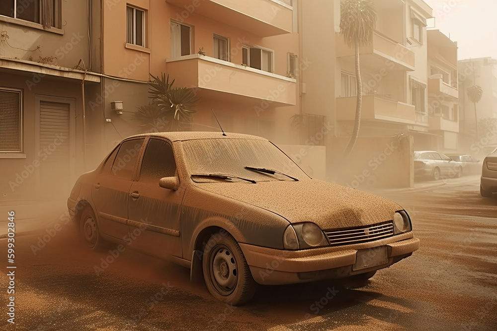 A car buried in dust and sand after a Saharan sandstorm. Generative AI ...