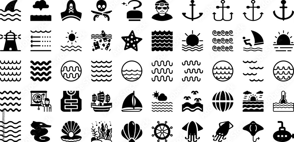Ocean Icon Set Isolated Silhouette Solid Icons With Symbol, Vector ...
