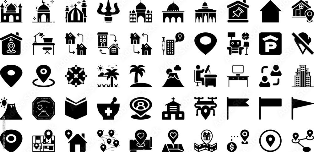 Place Icon Set Isolated Silhouette Solid Icons With Location, Vector ...
