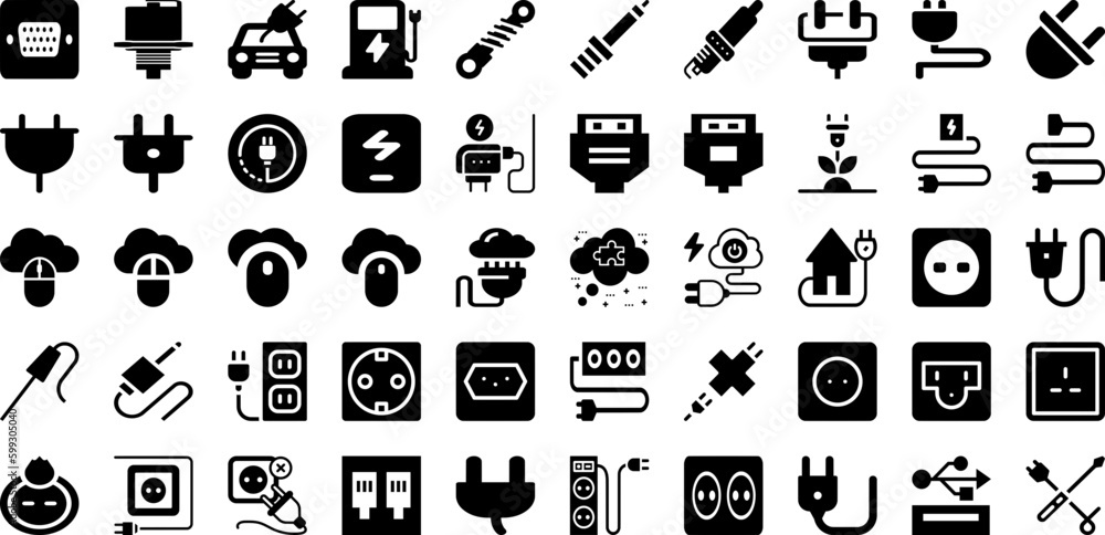 Plug Icon Set Isolated Silhouette Solid Icons With Sign, Energy, Cable, Icon, Power, Electric ...