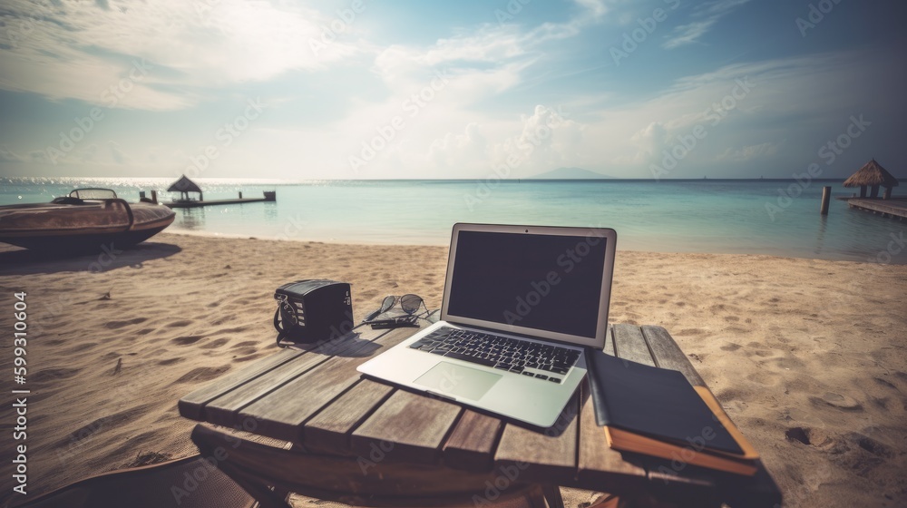 Art remote work in a tropical sea beach. Dream work office background ...