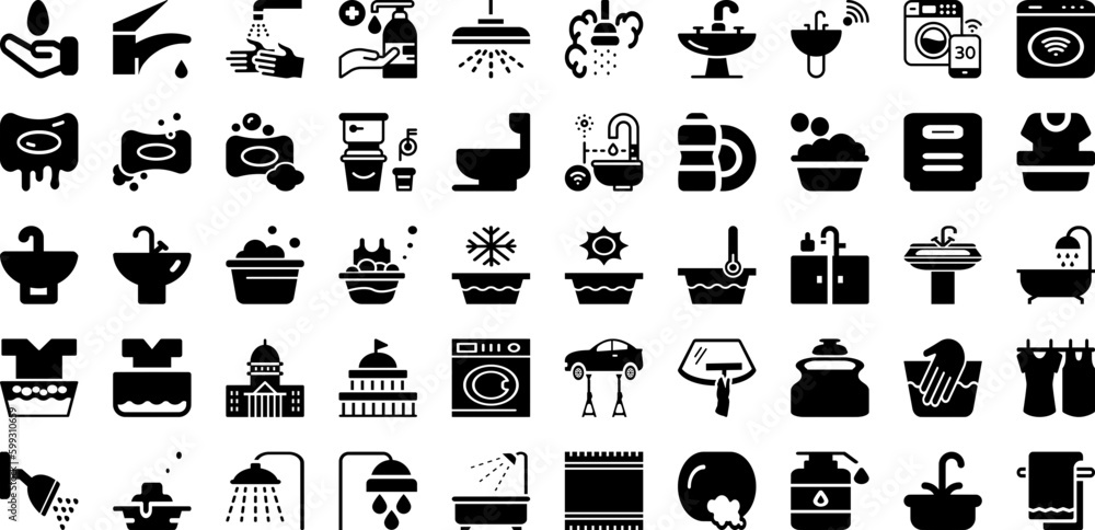 Wash Icon Set Isolated Silhouette Solid Icons With Outline, Sign, Wash ...