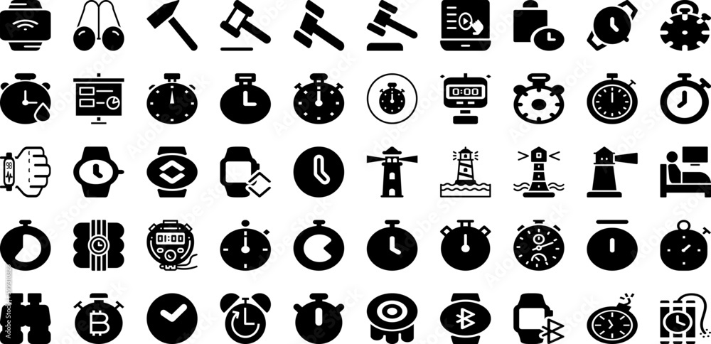 Watch Icon Set Isolated Silhouette Solid Icons With Time, Icon, Symbol ...