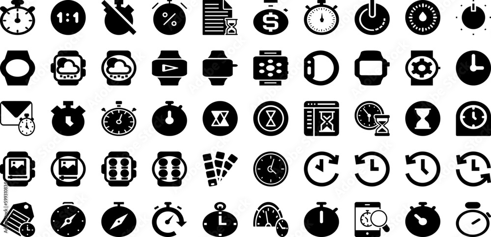 Watch Icon Set Isolated Silhouette Solid Icons With Sign, Vector, Clock ...
