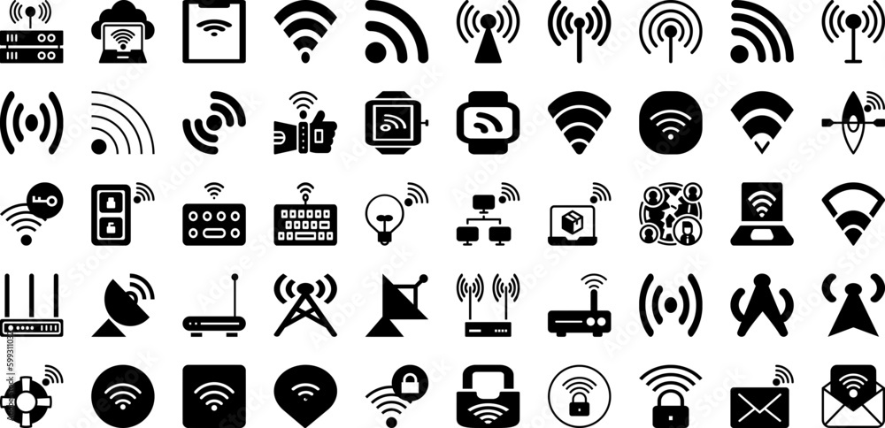 Wifi Icon Set Isolated Silhouette Solid Icons With Wireless, Internet ...