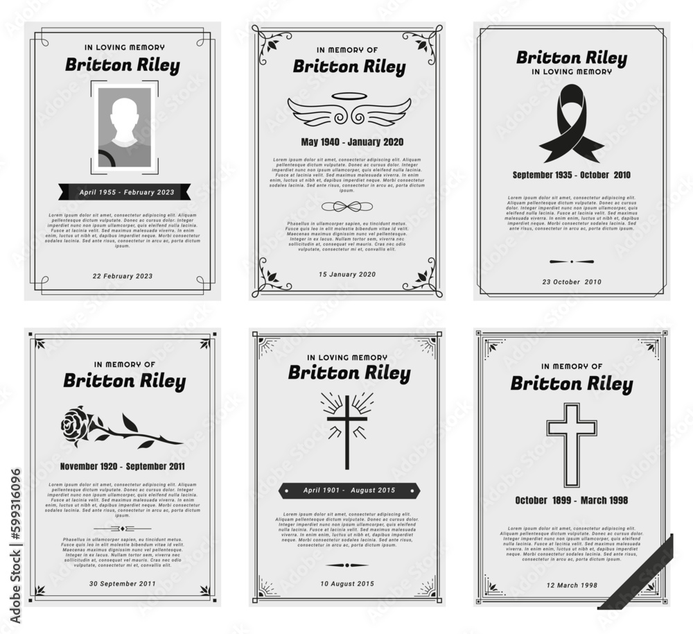 Funeral memorial and invitation card monochrome black and white design ...