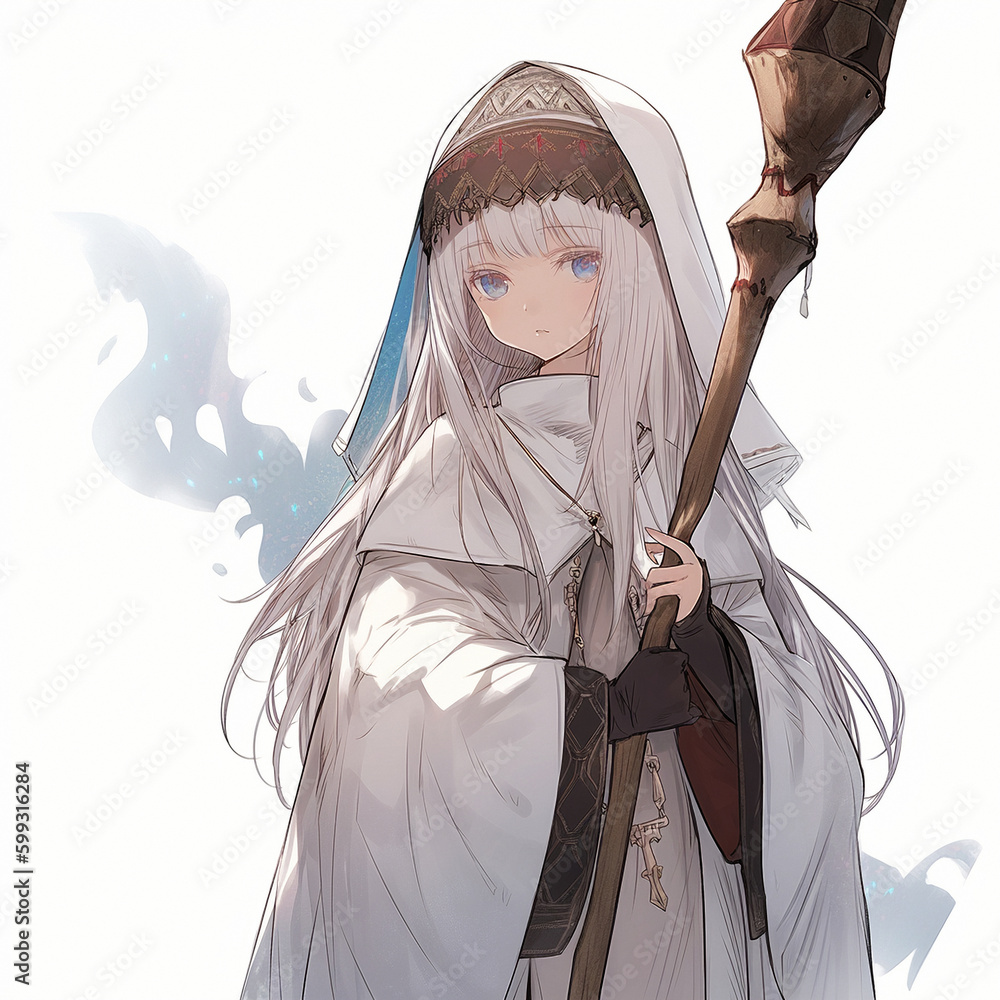 A priest girl with an anime-style staff. Anime character in the spirit ...
