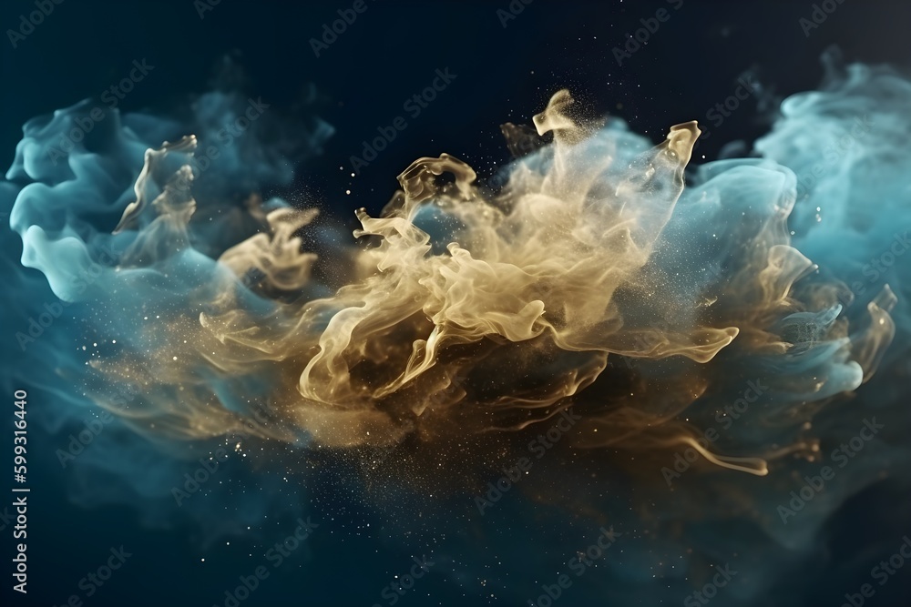 Glitter mist. Ink water. Fluid splash. Metallic golden silver blue ...