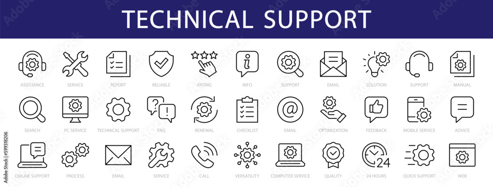 Technical Support thin line icons set. Technical support editable ...