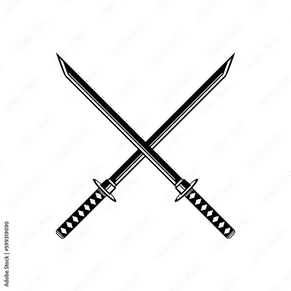 Double cross katana sword samurai ronin japanese style tattoo flat ...